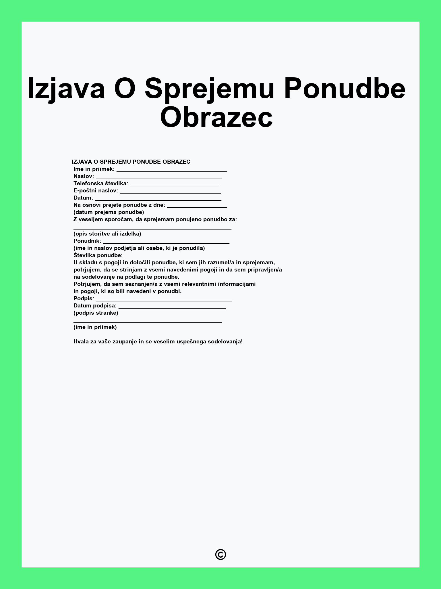 Izjava O Sprejemu Ponudbe Obrazec