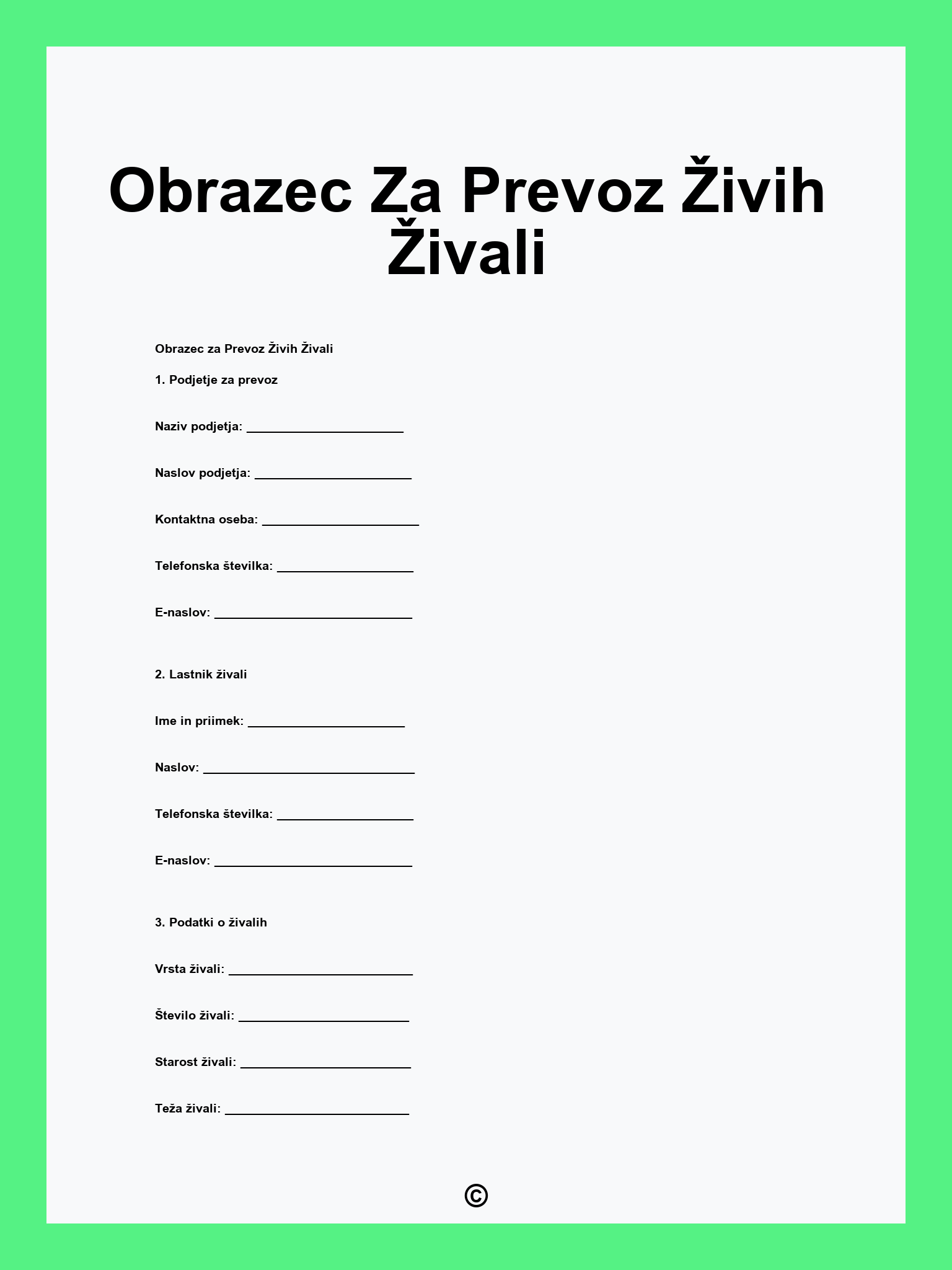 Obrazec Za Prevoz Živih Živali