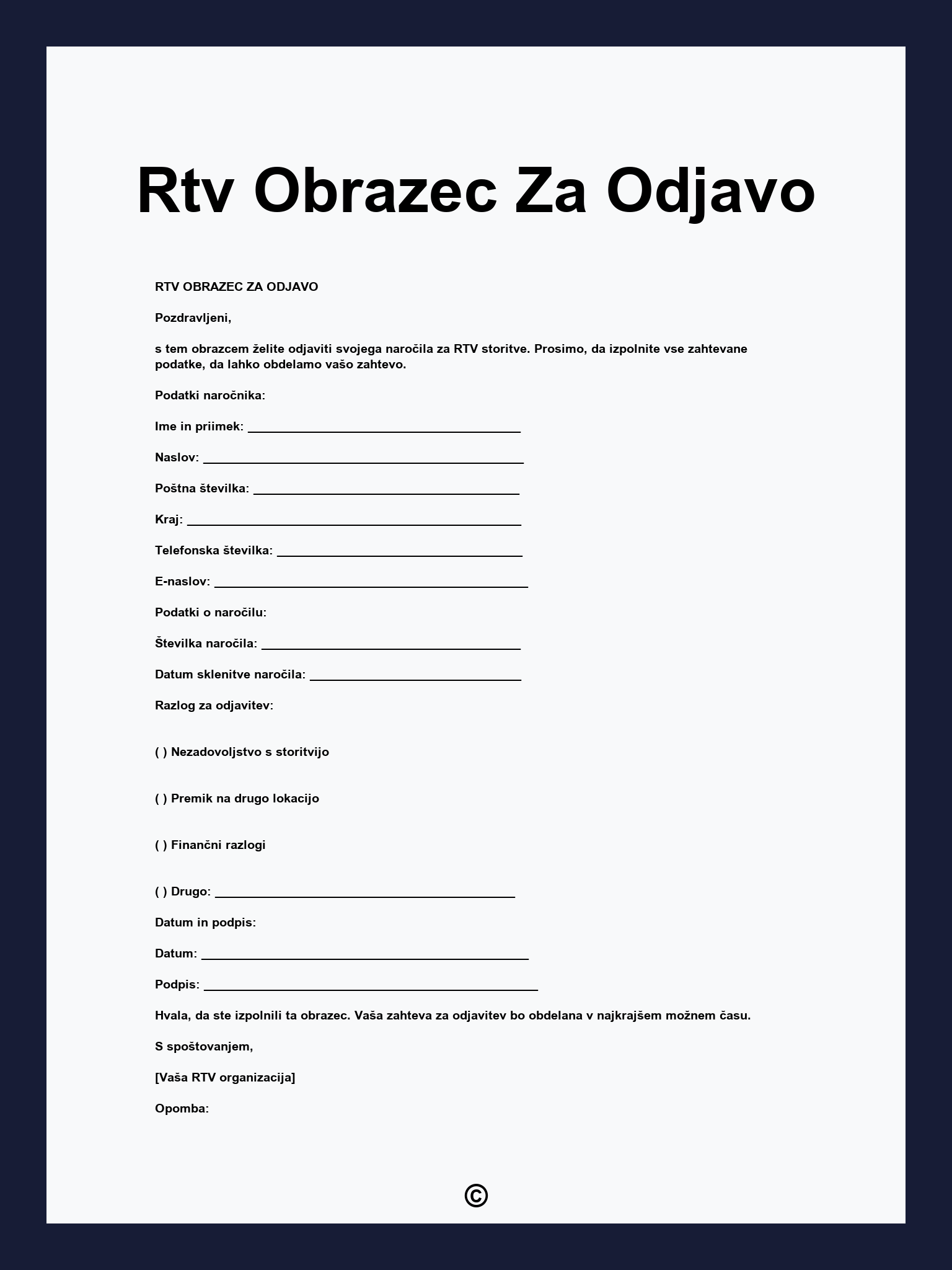 Rtv Obrazec Za Odjavo
